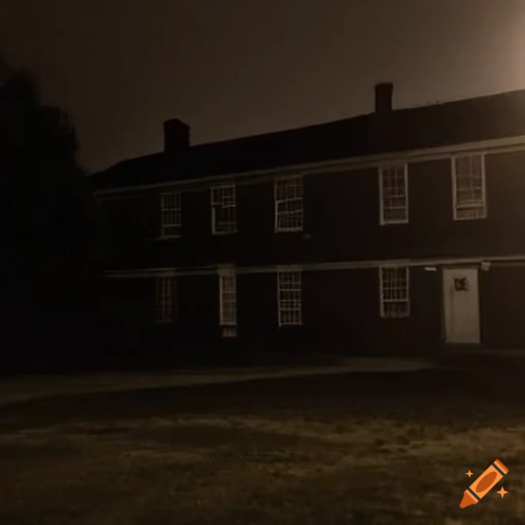 Night view of an abandoned farm with remnants of old school