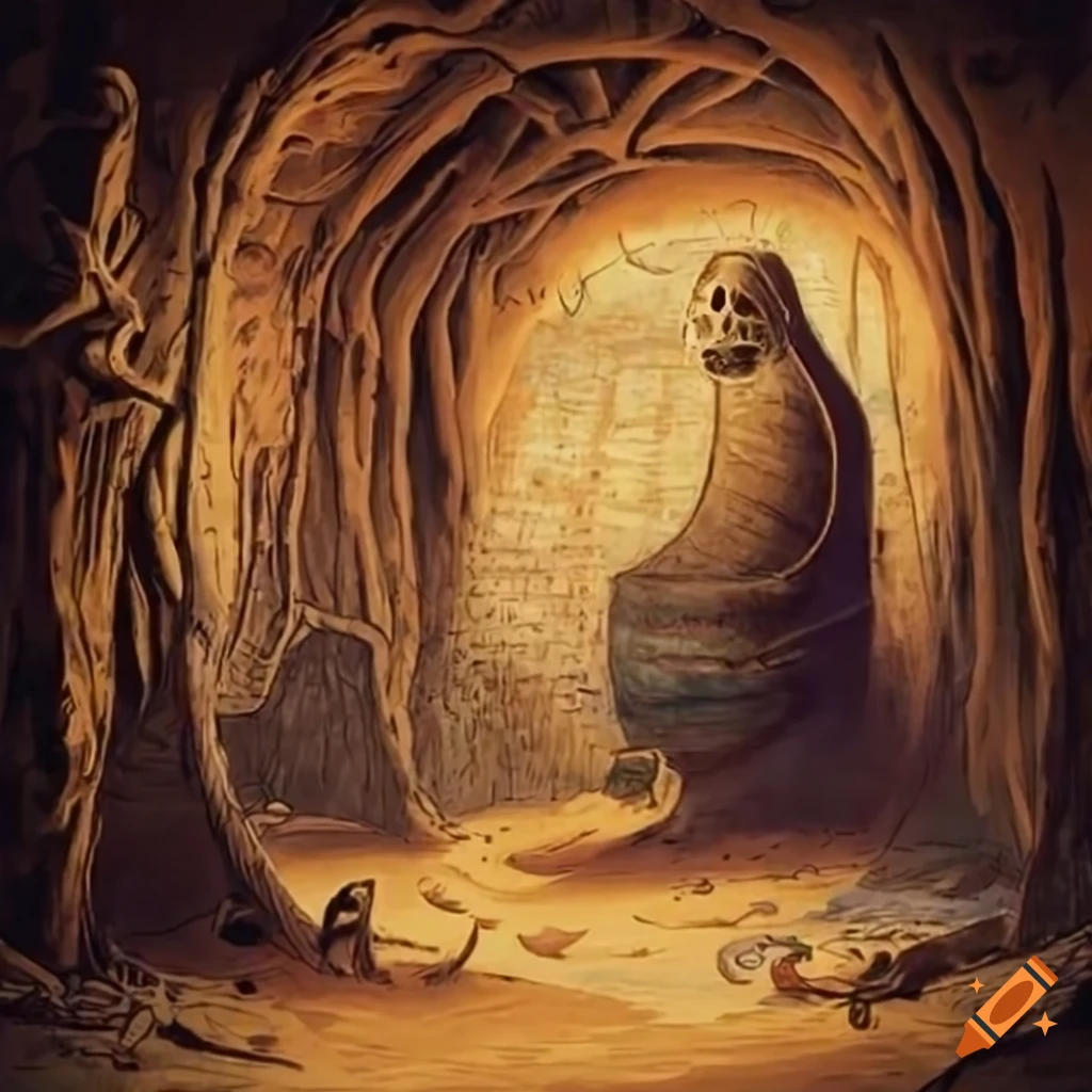 Illustration of an underground pale humanoid fishing village on Craiyon