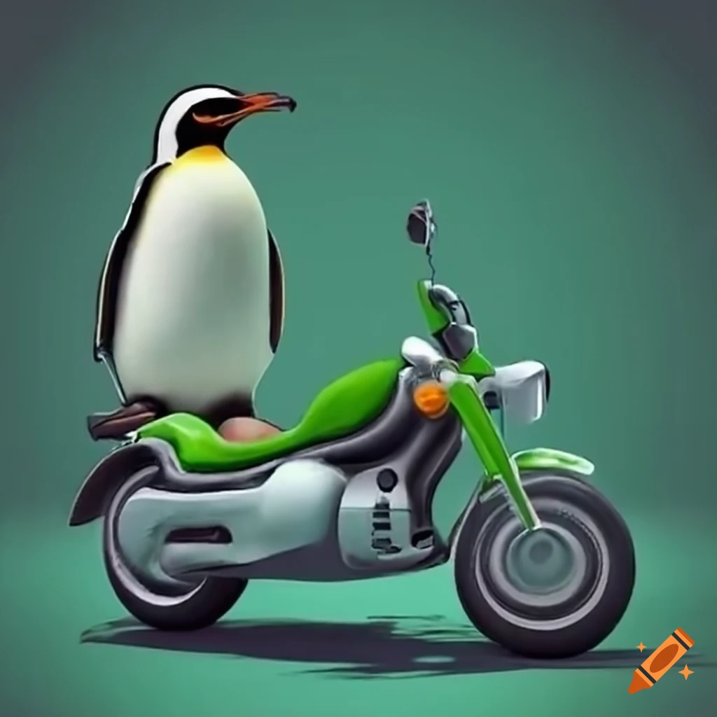 Penguin riding a green motorcycle