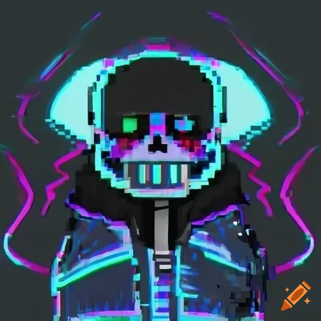 Glitch art of a black sans with blue strings