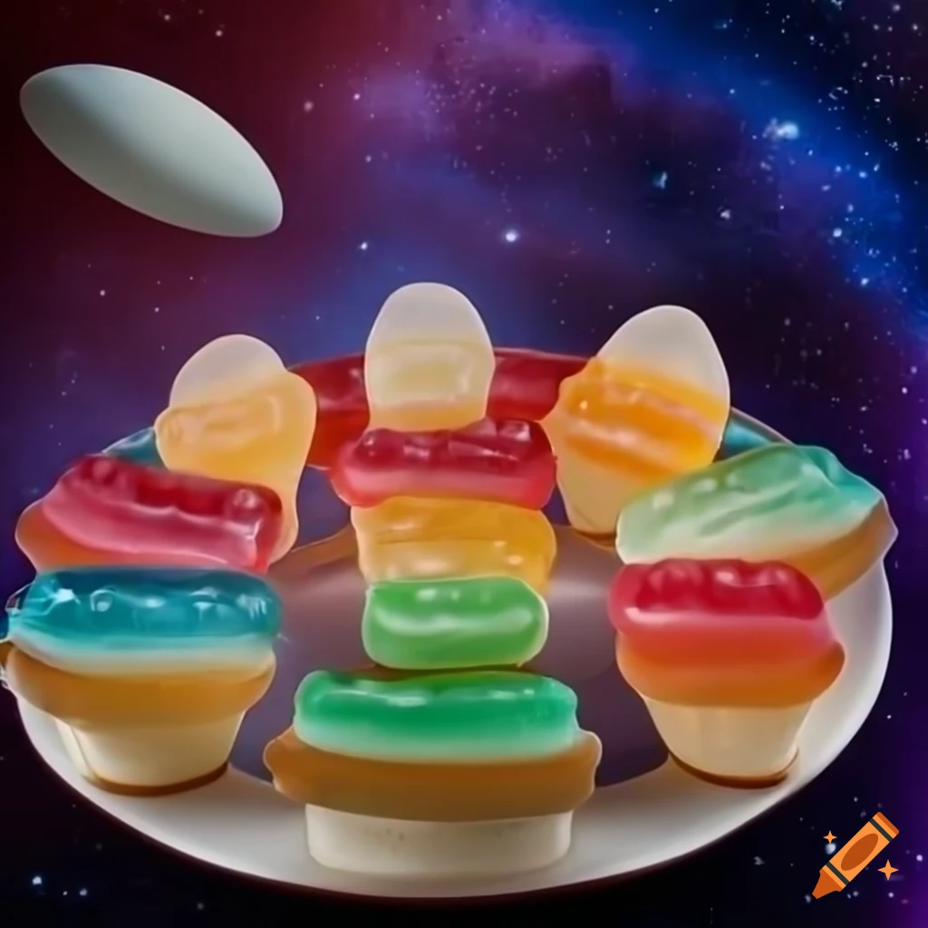 Gummy candy dessert on futuristic space station