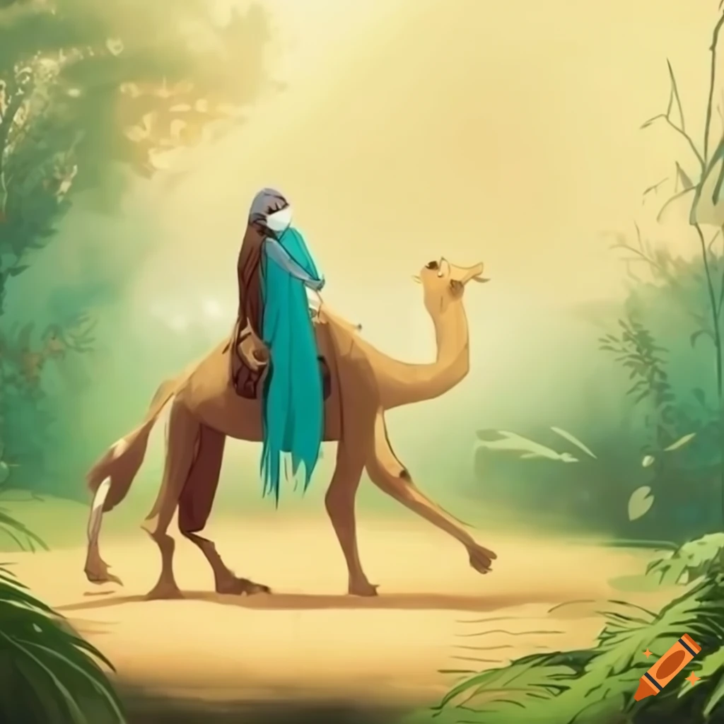 Girl in hijab riding a camel in a jungle with a sandstorm on Craiyon