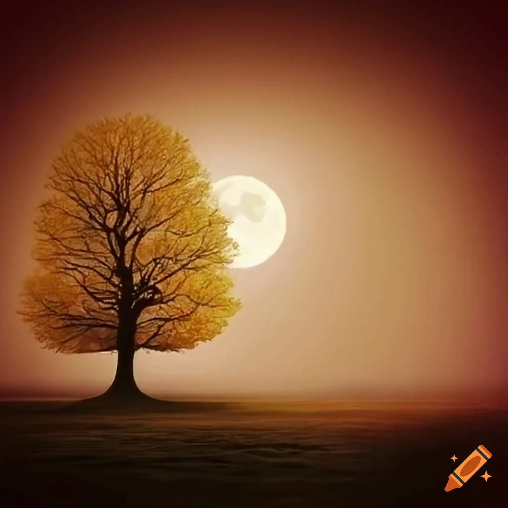 Simple silhouette of a tree on a rock with the moon behind on Craiyon