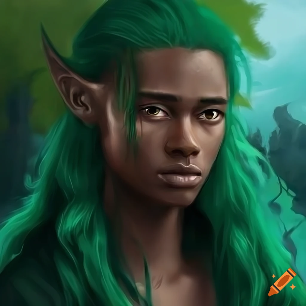 Portrait of a young man with elf-like appearance in front of a swamp on ...