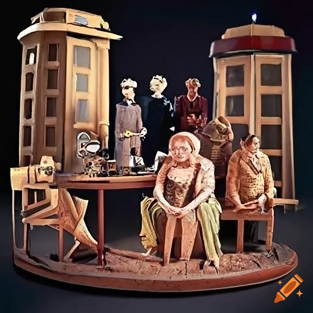 Vintage Doctor Who TV studio set with pub village on Craiyon