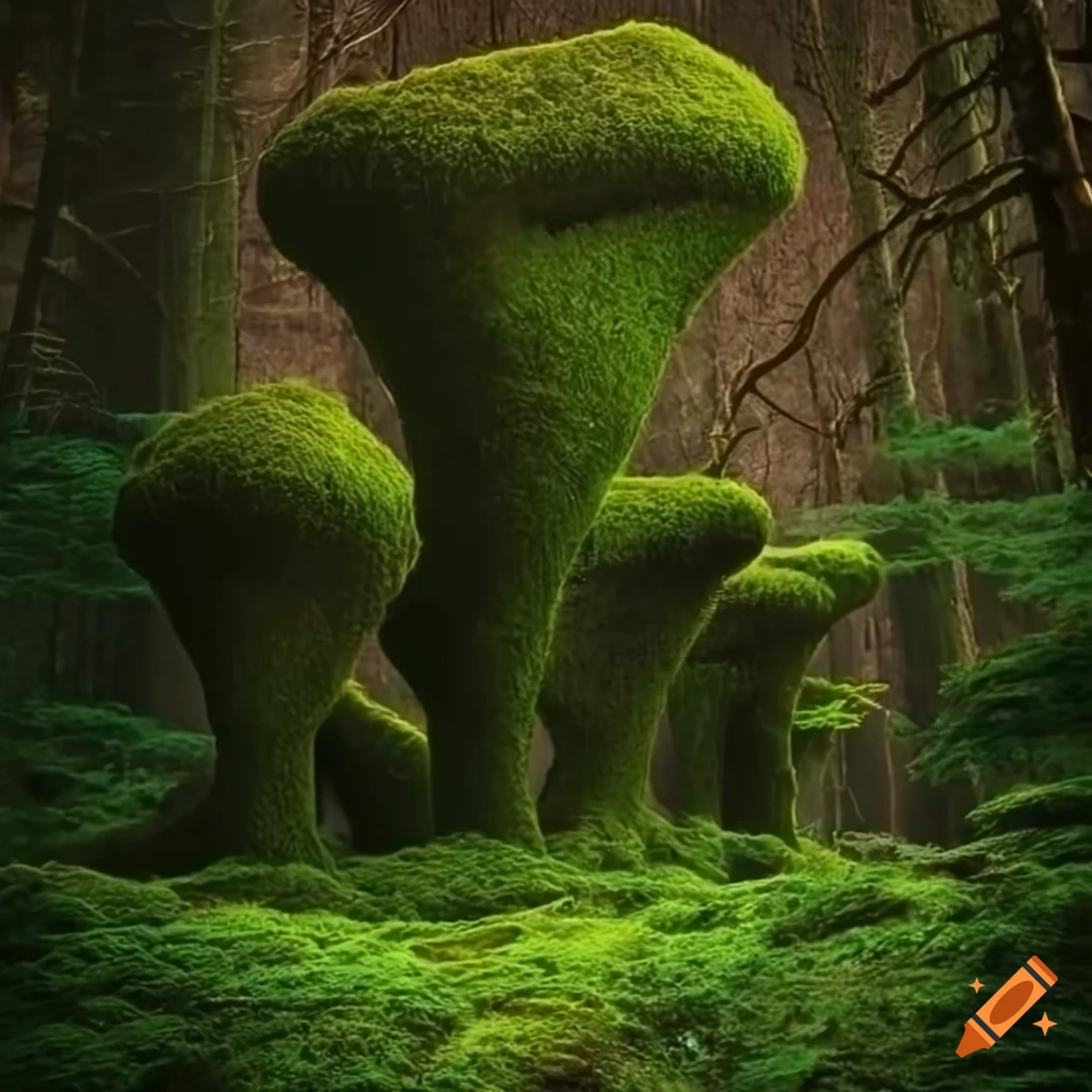 Moss-covered tower trees in fern forest on Craiyon