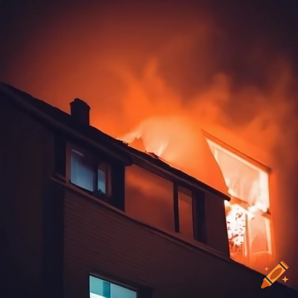Fire accident in a modern house in japan at night