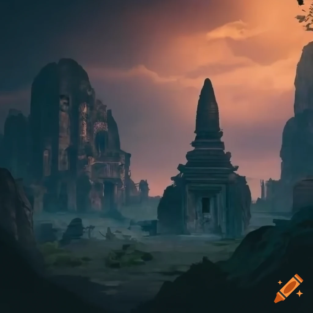 Ancient ruins of a south asian temple in an overgrown hill on Craiyon