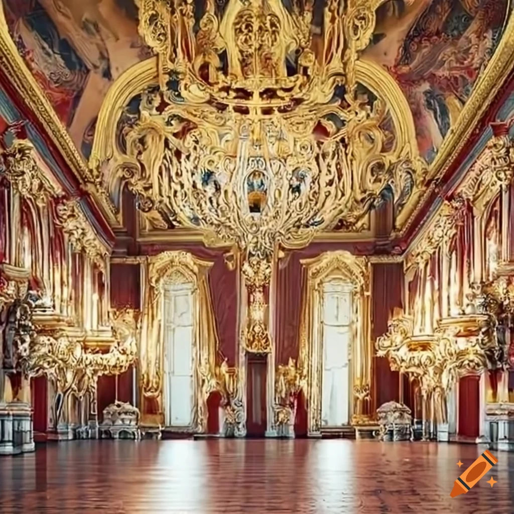 Great hall of palace with white walls, red furnishings, and bronze ...