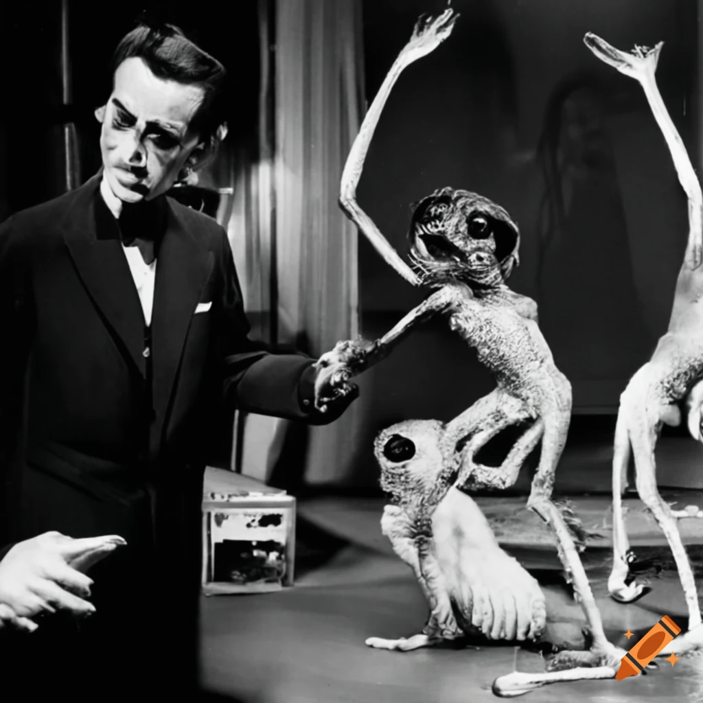 Black and white image of alien creatures standing at a roundtable on ...