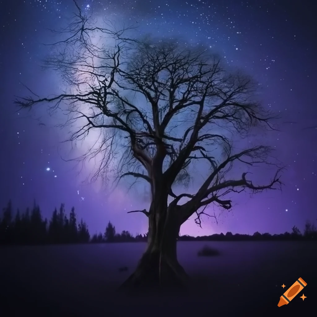 Night time photo of a mystical tree