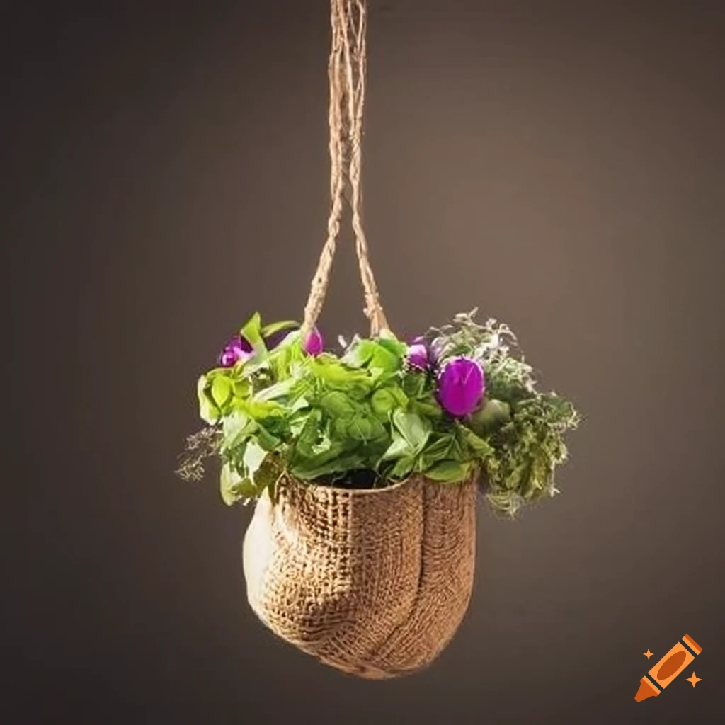 Hanging garden planter made of burlap