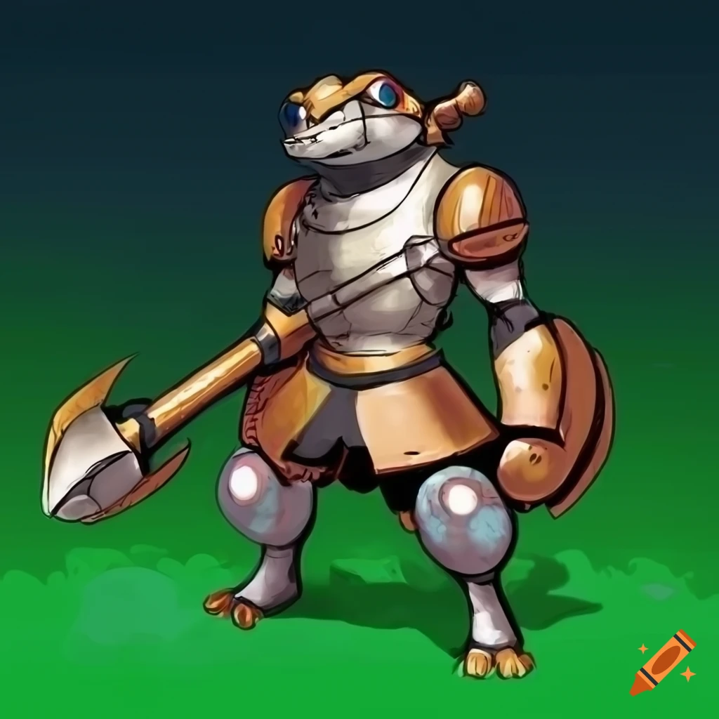 Anthro frog Pokémon in copper armor on Craiyon