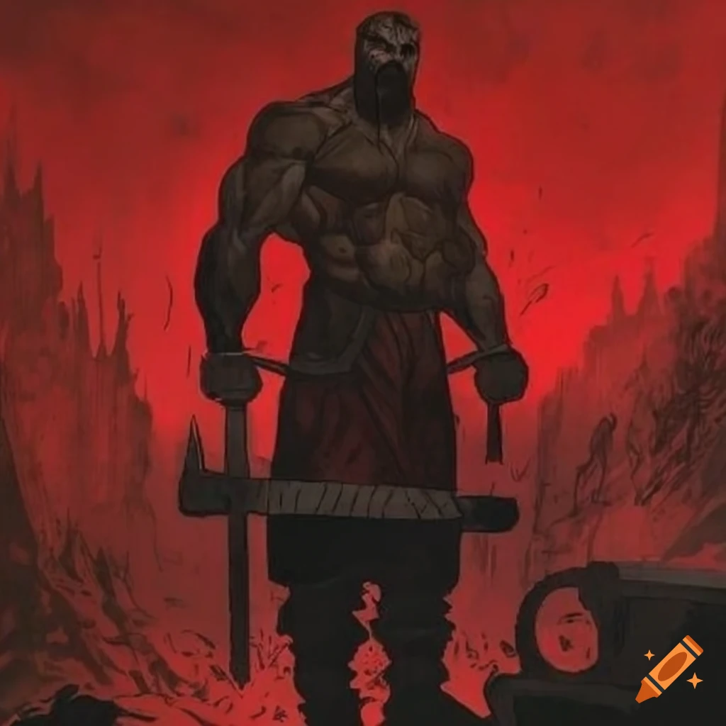 Dark fantasy book cover illustration of a blacksmith with a red sword on Craiyon