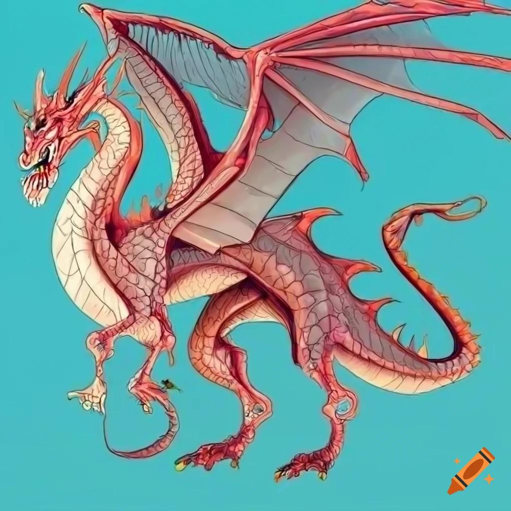 Detailed dragon concept art with wings and four legs on Craiyon