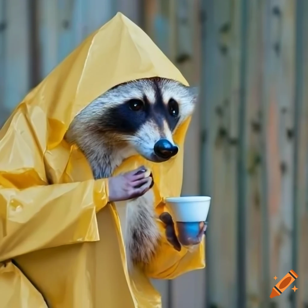 Humorous image of a raccoon wearing a yellow raincoat drinking coffee ...