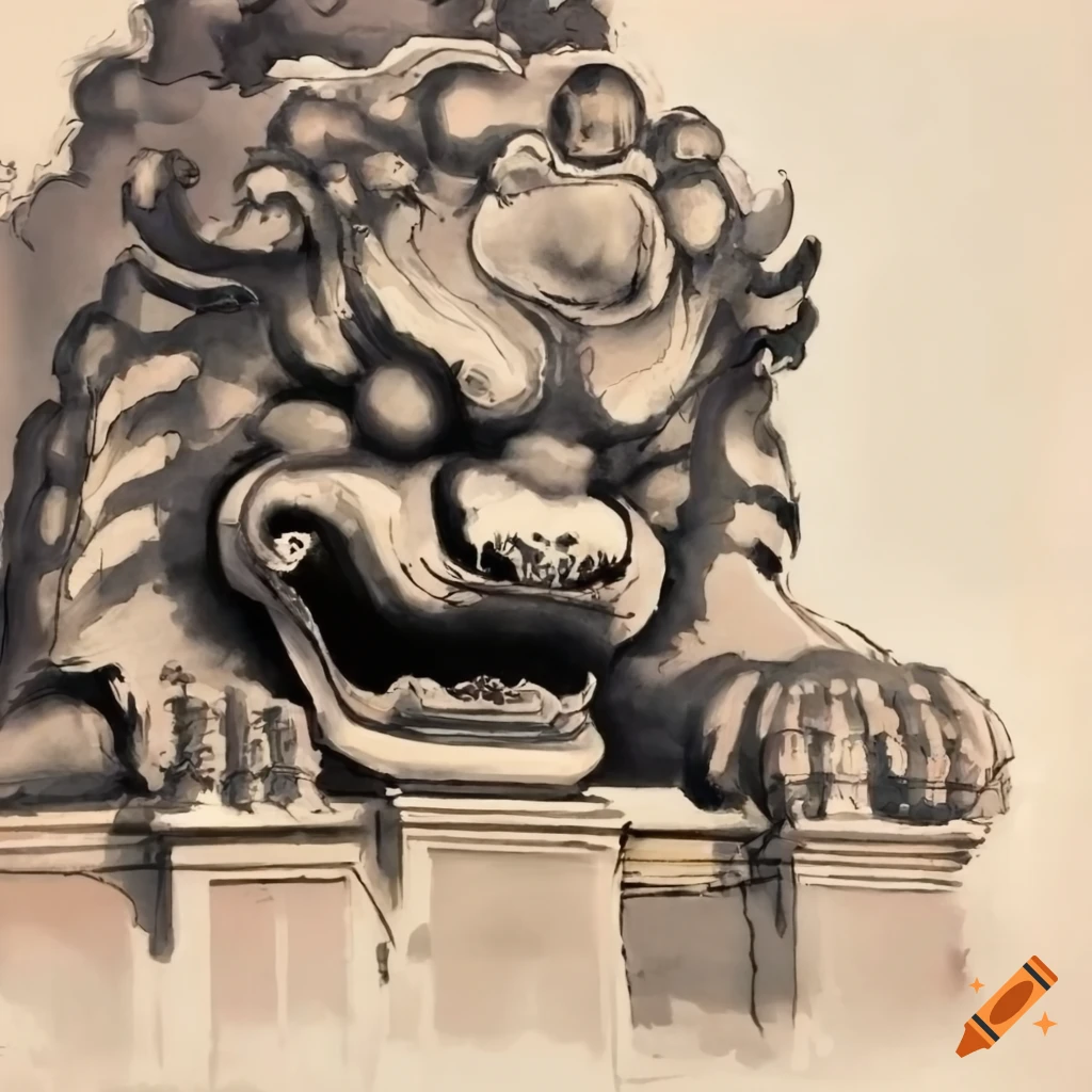 Chinese ink painting of lion statue in front of temple gate on Craiyon