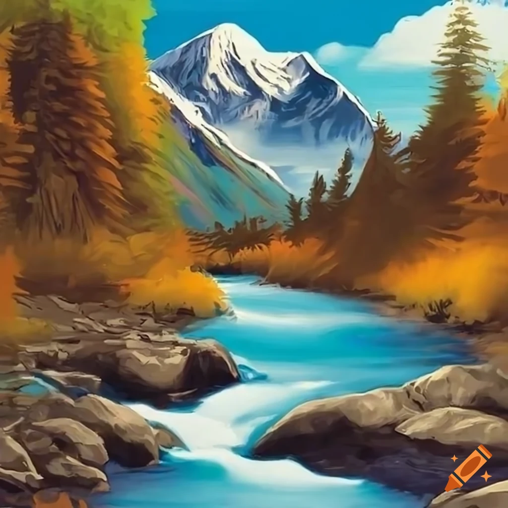 Mountain stream painted in bob ross style on Craiyon