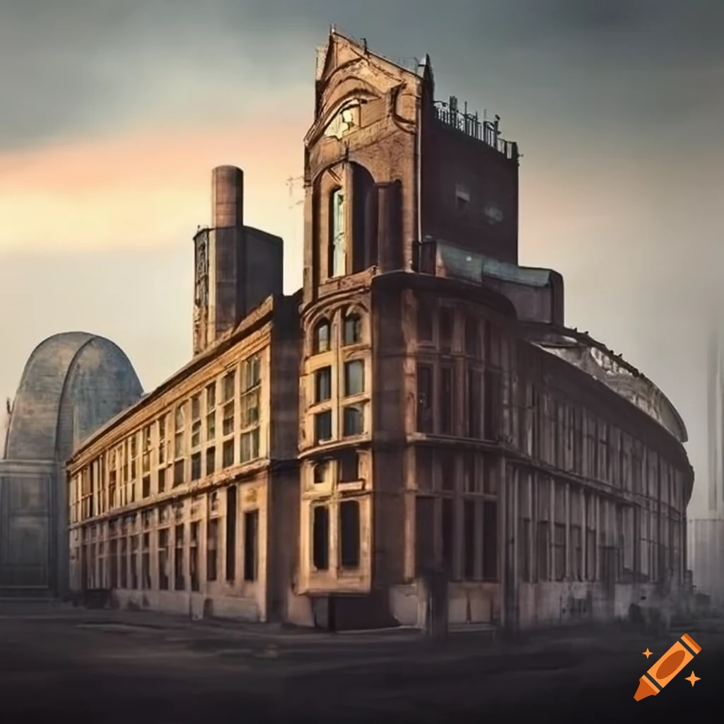 Steampunk-style concrete factory building in london on Craiyon