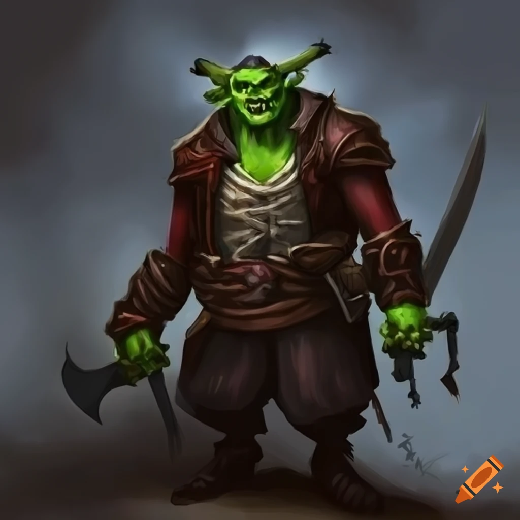 Artwork of a fierce orc pirate with sword and pistol on Craiyon