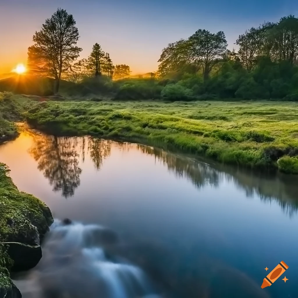 Sunset view from mossy hill with river and waterfall on Craiyon