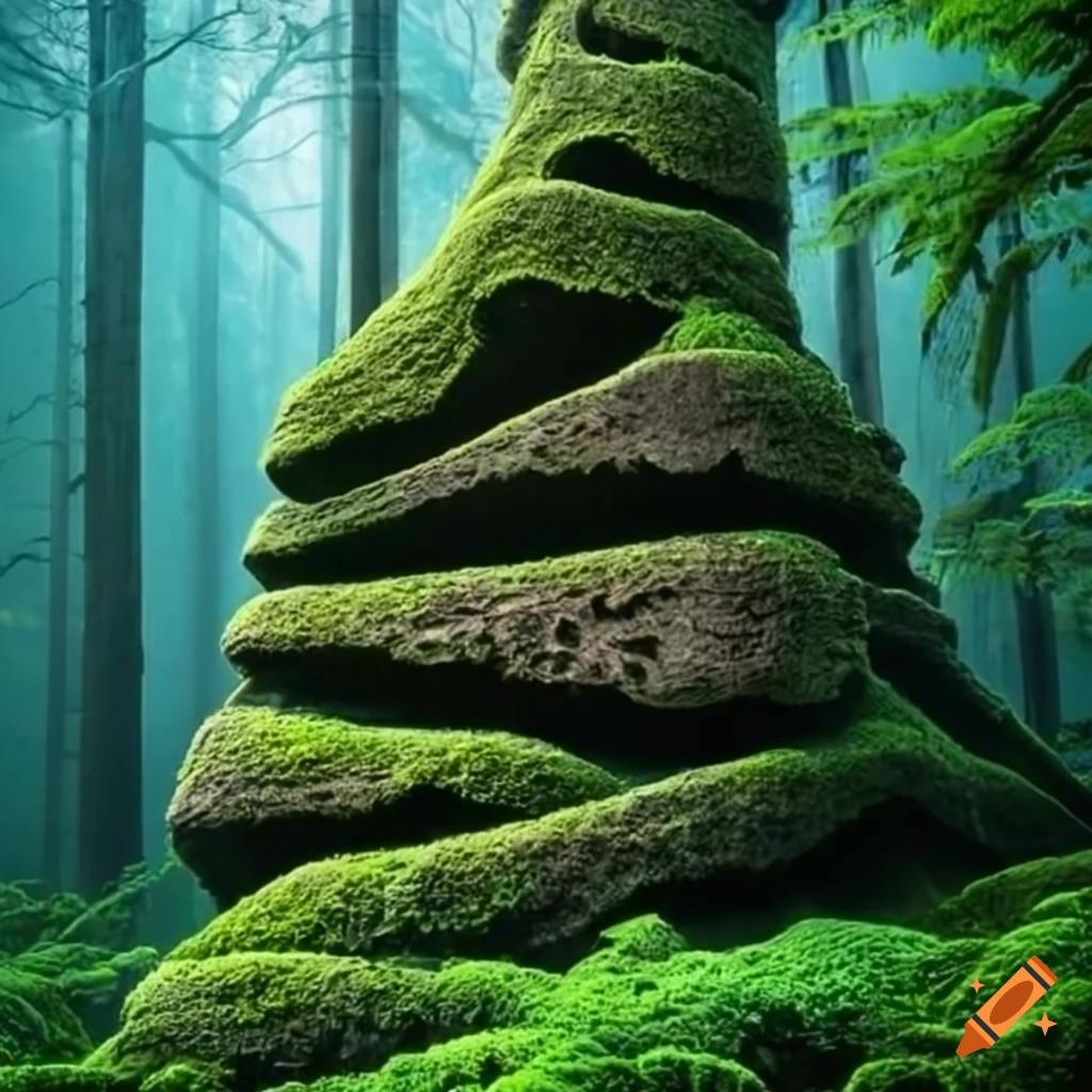 Moss-covered tower in a fern forest on Craiyon