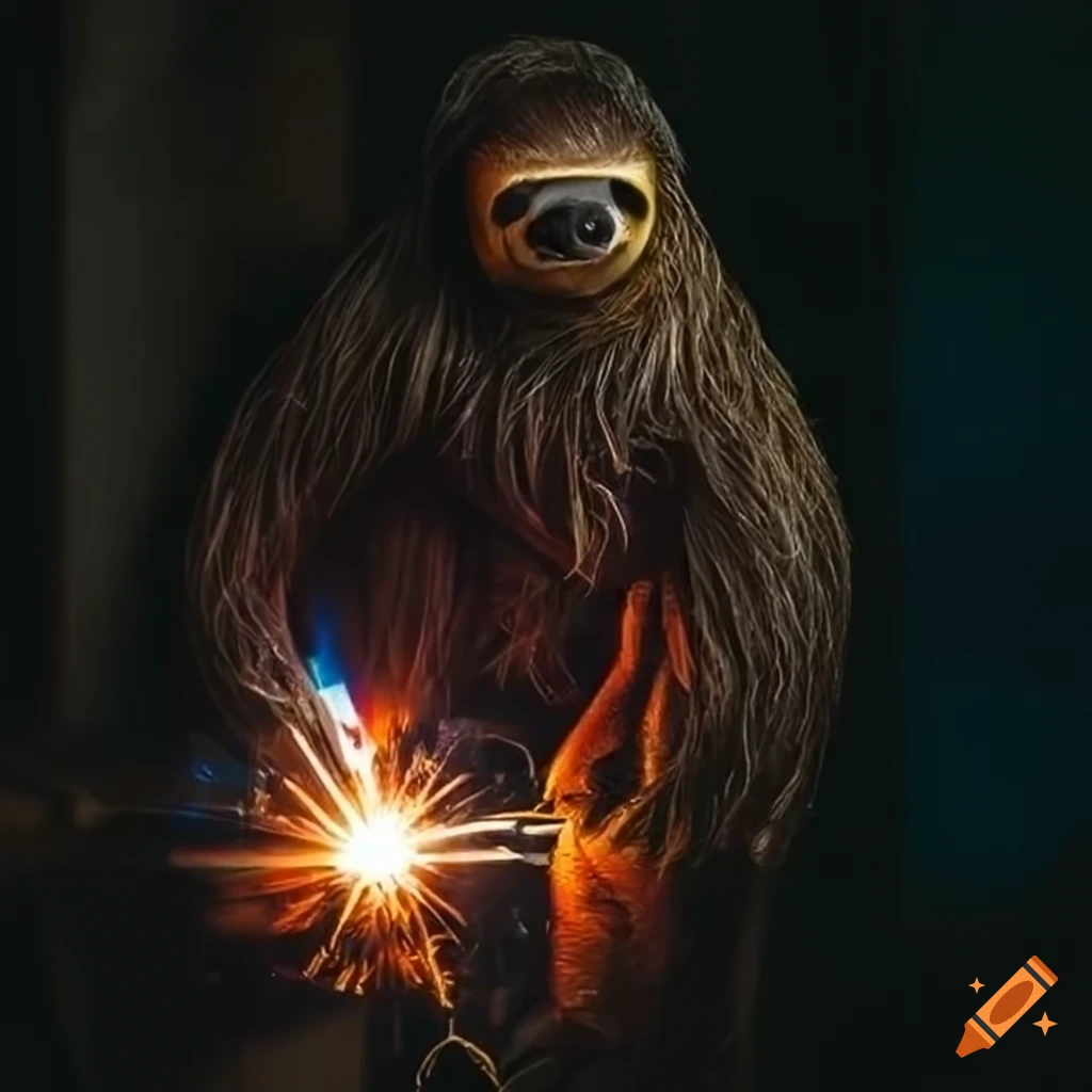 Person welding on a futuristic motorcycle in a grungy world with robots ...