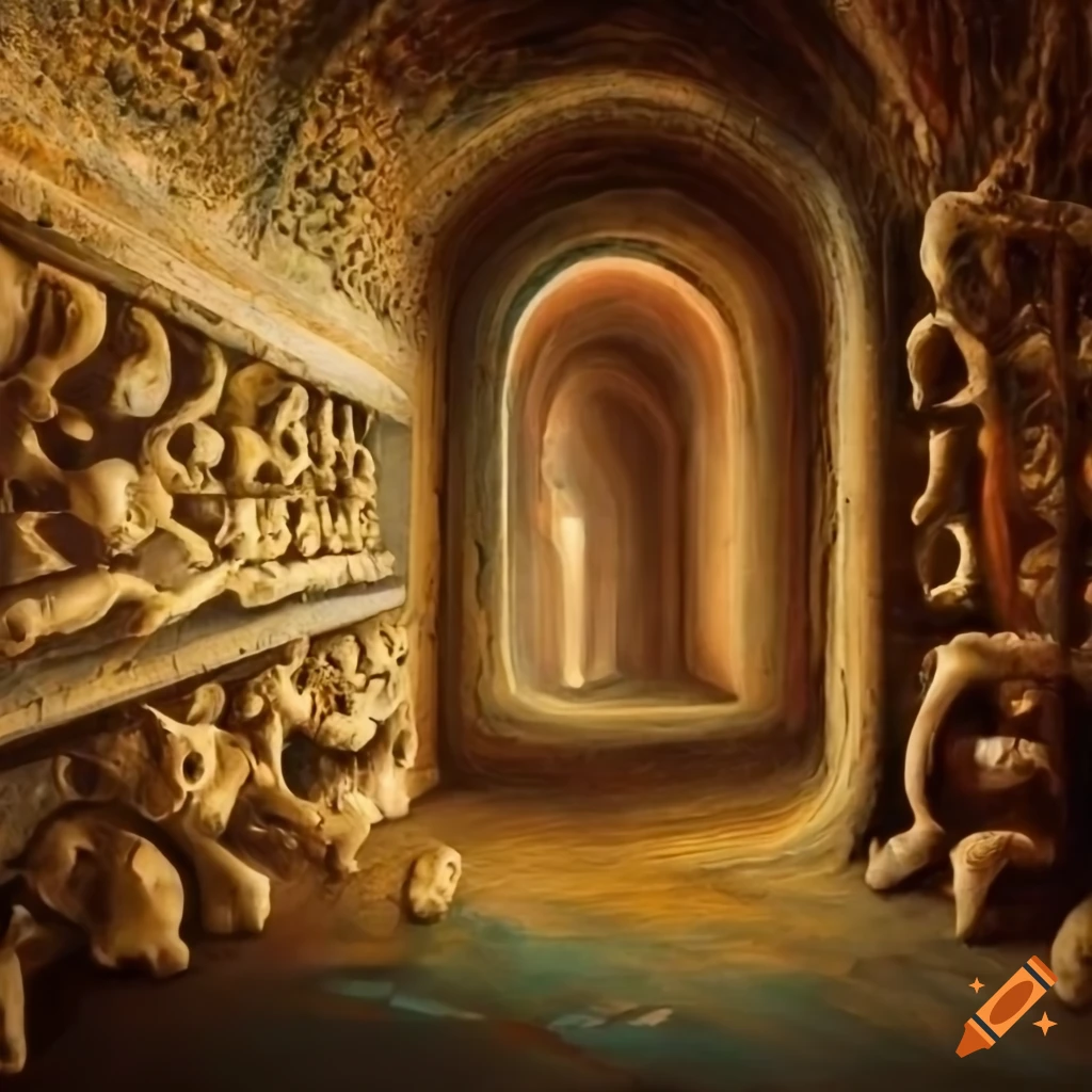 Intricate oil painting of a subterranean vault with bones on Craiyon