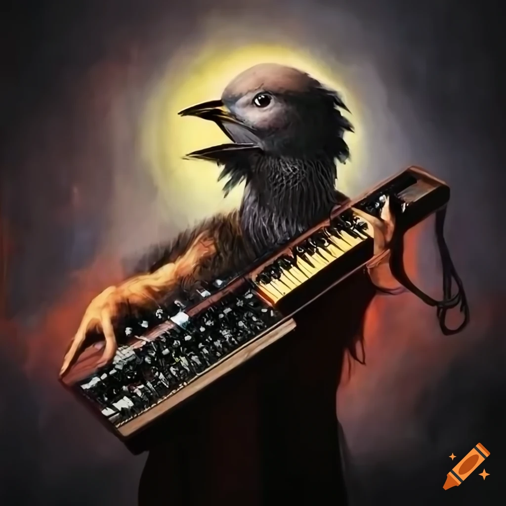 Painting of a jay bird playing a modular synth in a medieval village on ...