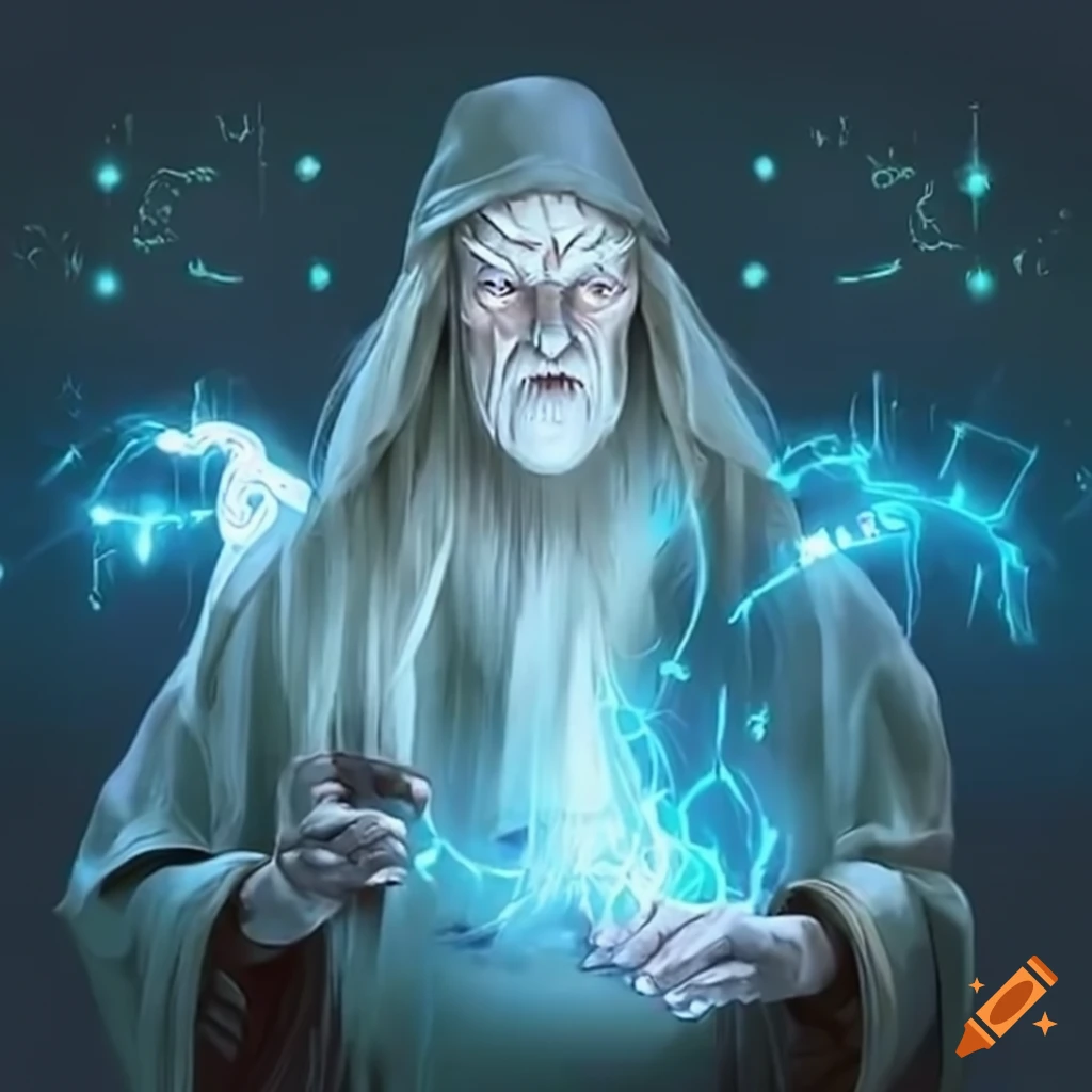 Digital artwork of a white wizard casting spell on a computer on Craiyon