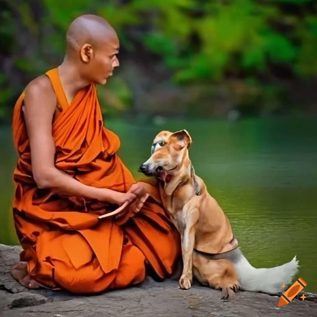 Monk and dog by the river