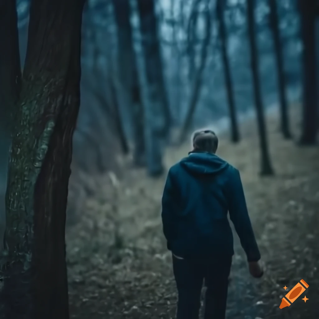 Closeup of a sad man in a dark forest