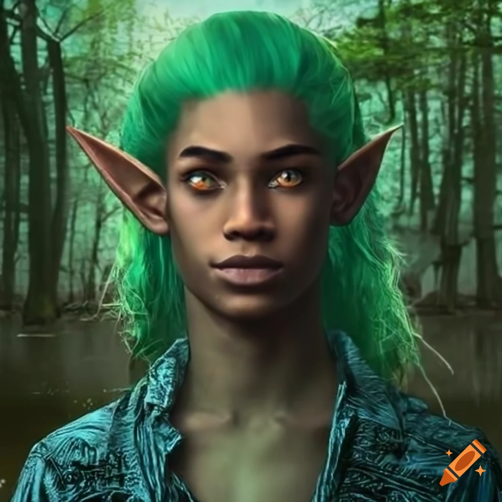 Portrait of a young man with elf-like appearance in front of a swamp on ...