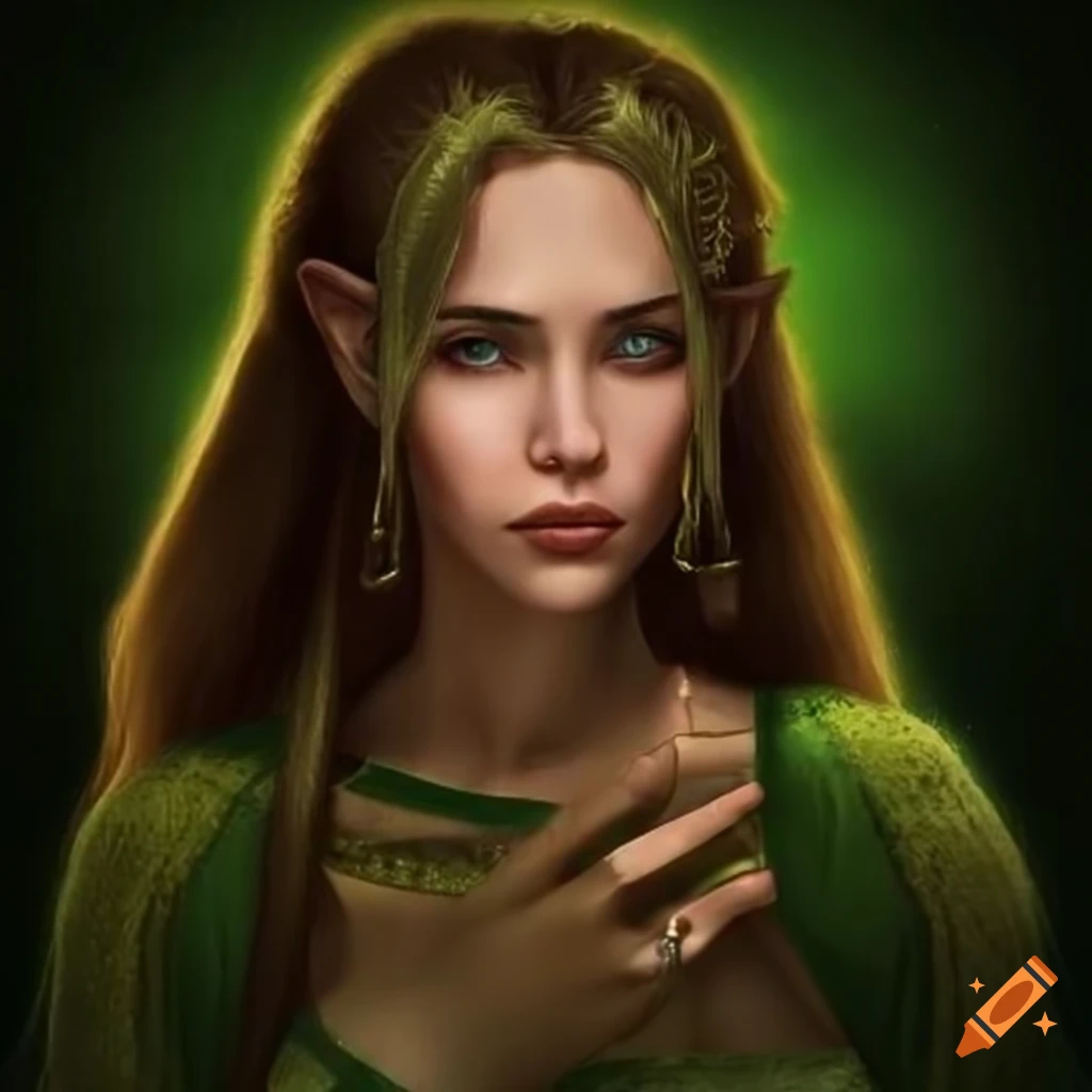 Picture of a beautiful elf in a gold and green medieval dress