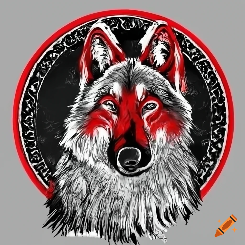 Red, white, and black wolf logo