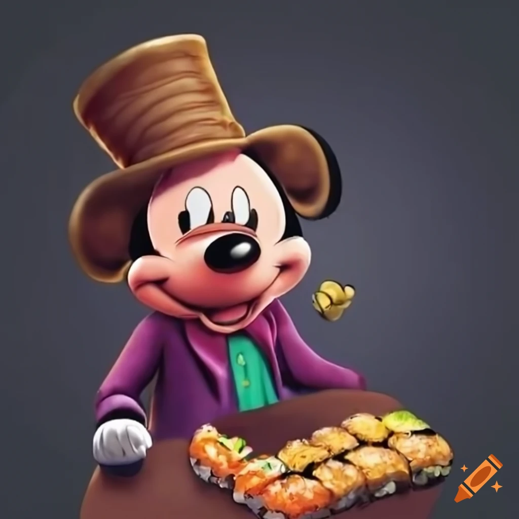 Mickey mouse in a willy wonka suit eating sushi