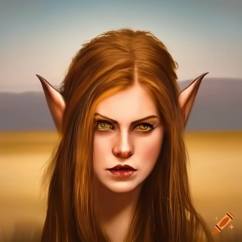 Woman with elf features in front of steppe landscape on Craiyon