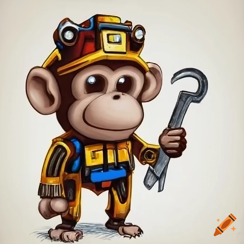 Mechanical monkey holding a wrench