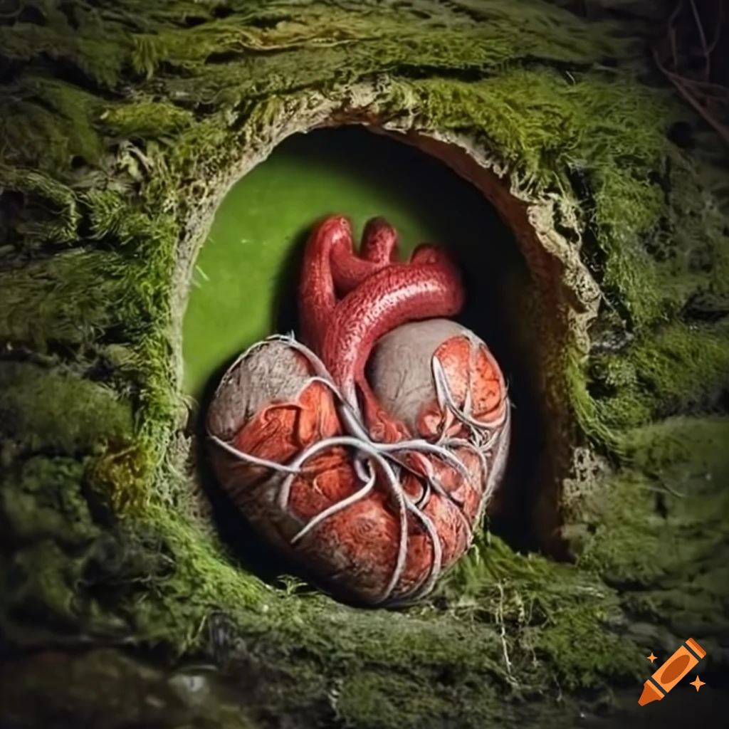 Wire sculpture of human heart in a mossy cellar on Craiyon