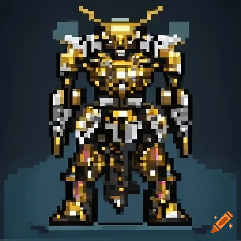 Pixel art sprite of a gold and white mecha robot samurai on Craiyon