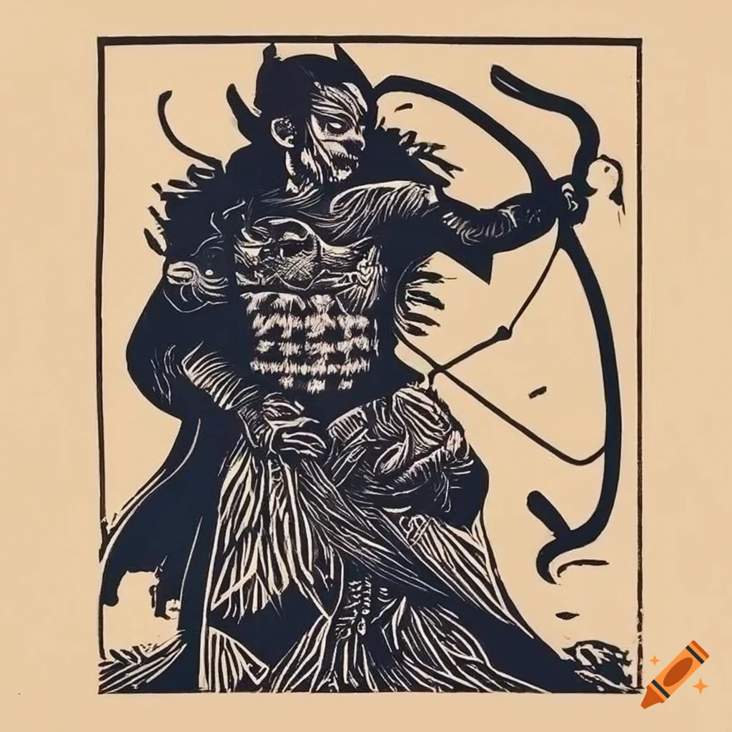 Linocut artwork of Leraje, the archer demon on Craiyon