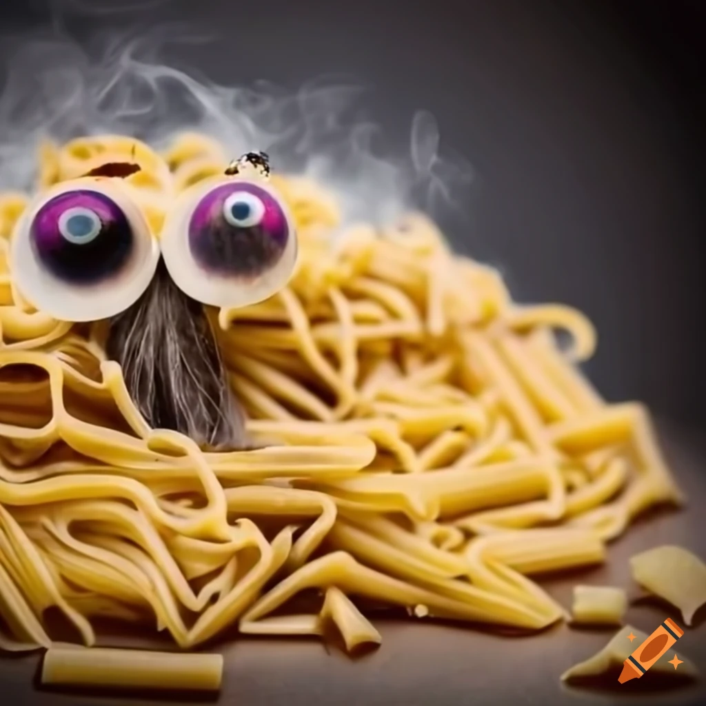 Humorous image of pasta with googly eyes and a mustache smoking on Craiyon