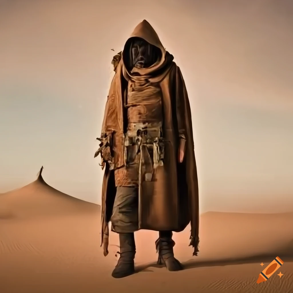 Image of a person in post-apocalyptic attire in a desert on Craiyon