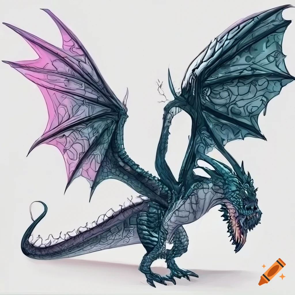 Side view illustration of a detailed dragon with wings on Craiyon