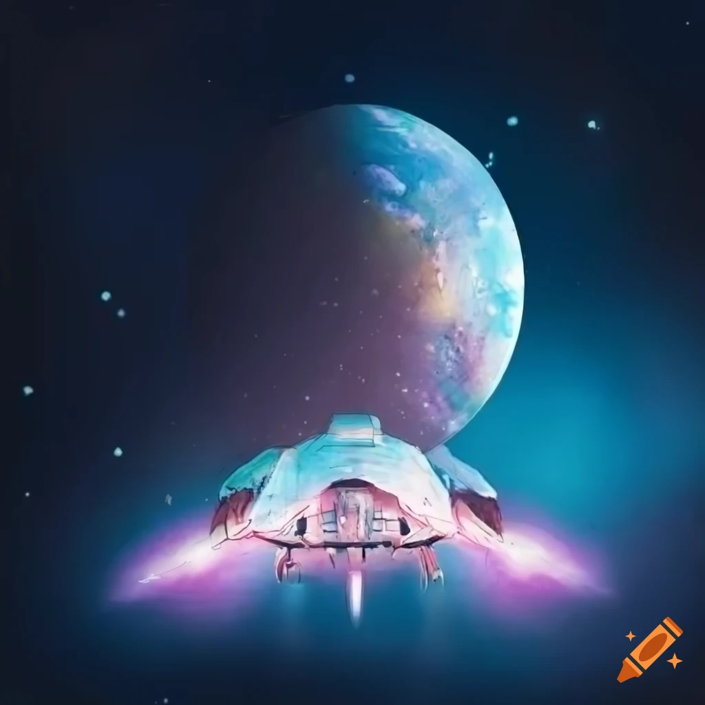 Realistic drawing of a spaceship traveling towards a galaxy