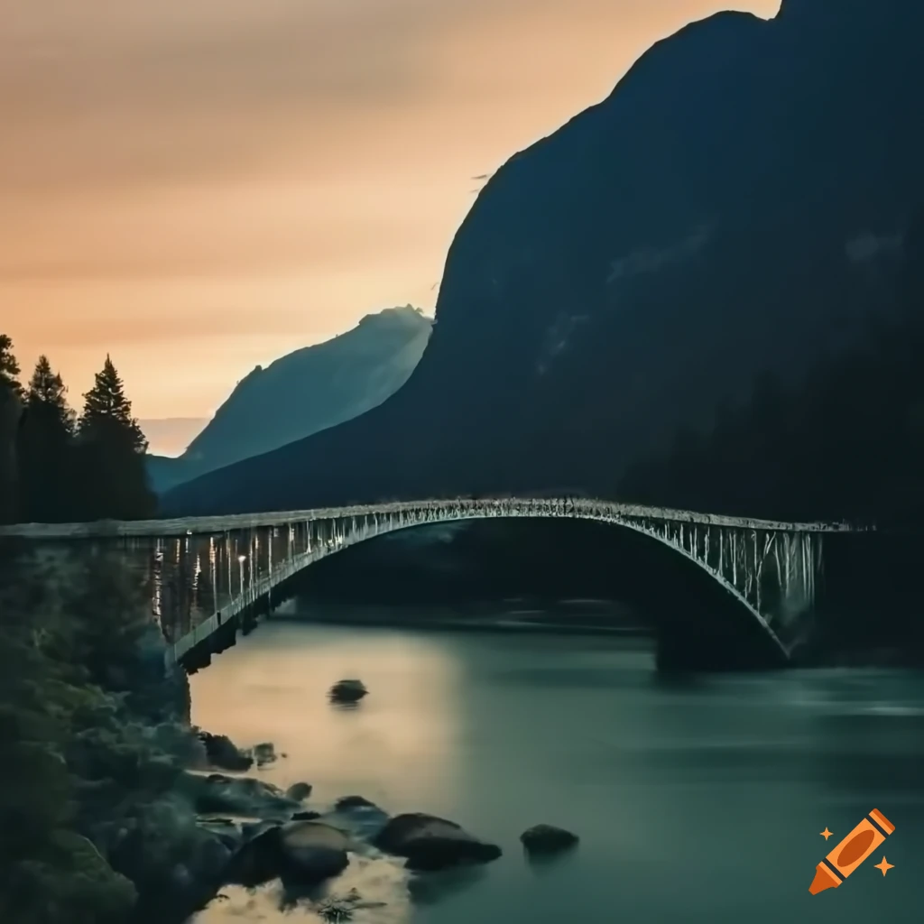 Sunset over a bridge with mountains in the background