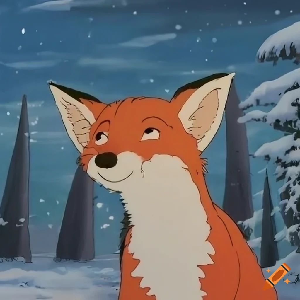 Anime-style painting of a red fox in the snow on Craiyon