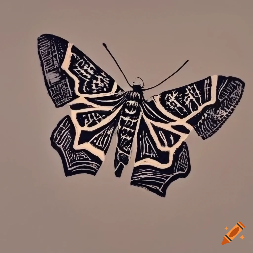 Linocut print of a moth
