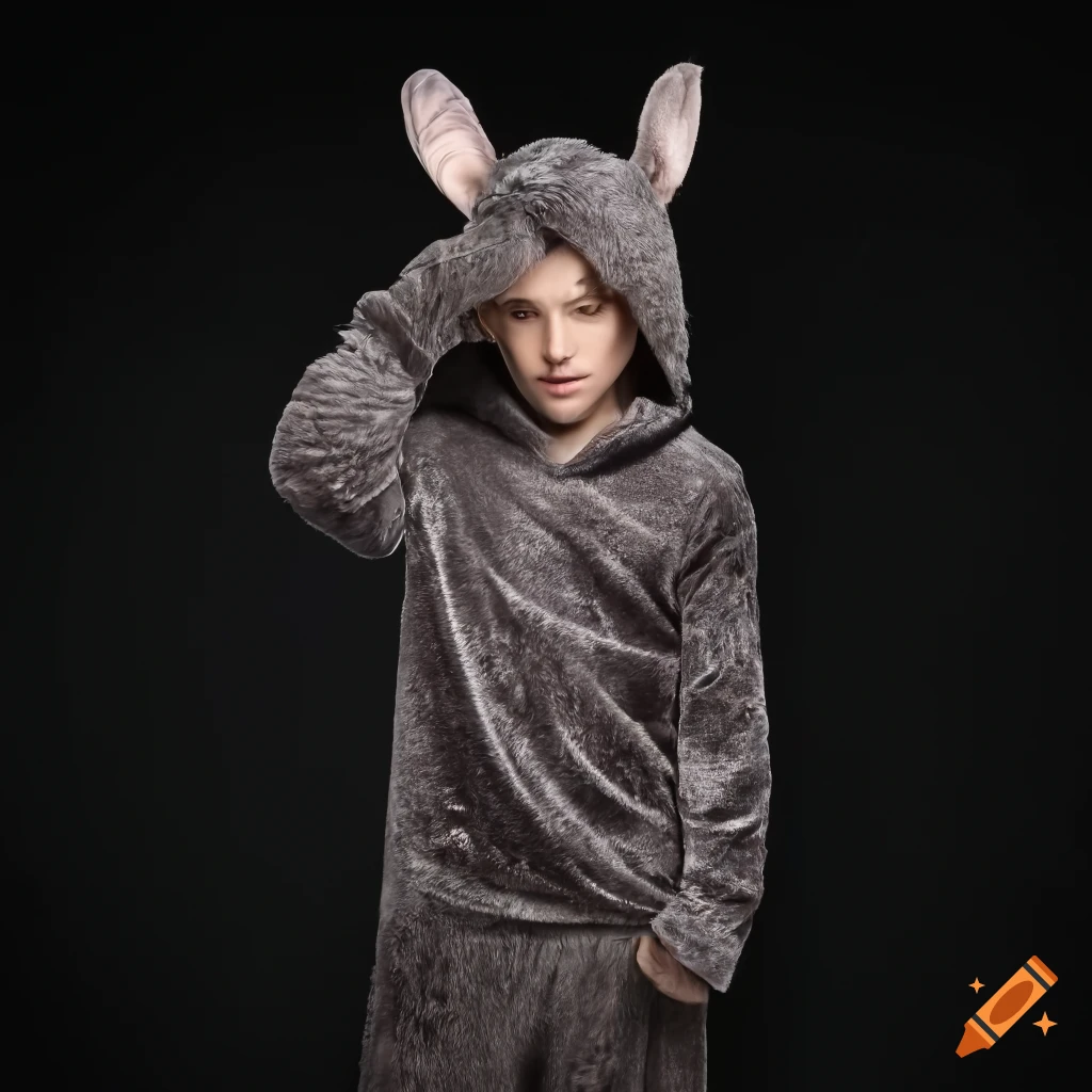 Man wearing a gray furry animal costume with ears on Craiyon