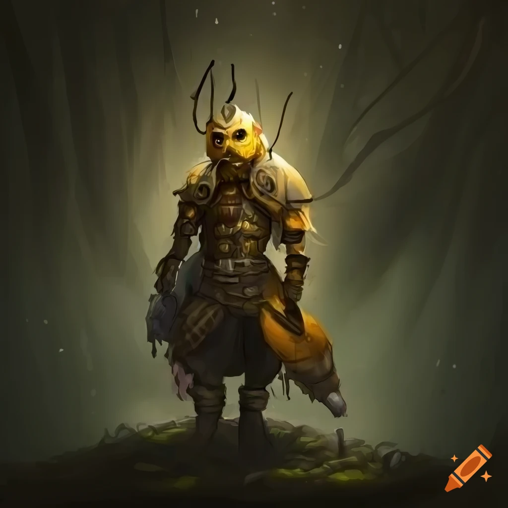 Large insect-paladin standing in a blue cave on Craiyon